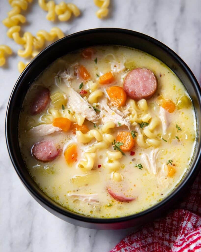Creamy Chicken Sopas with Hotdog and Macaroni - Hearty Filipino Soup
